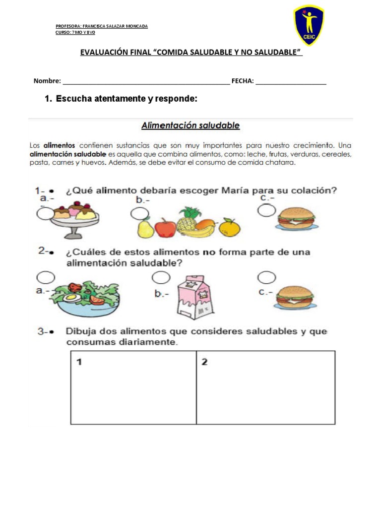 Evaluación Final Alimentos Saludables y No Saludables | PDF ...