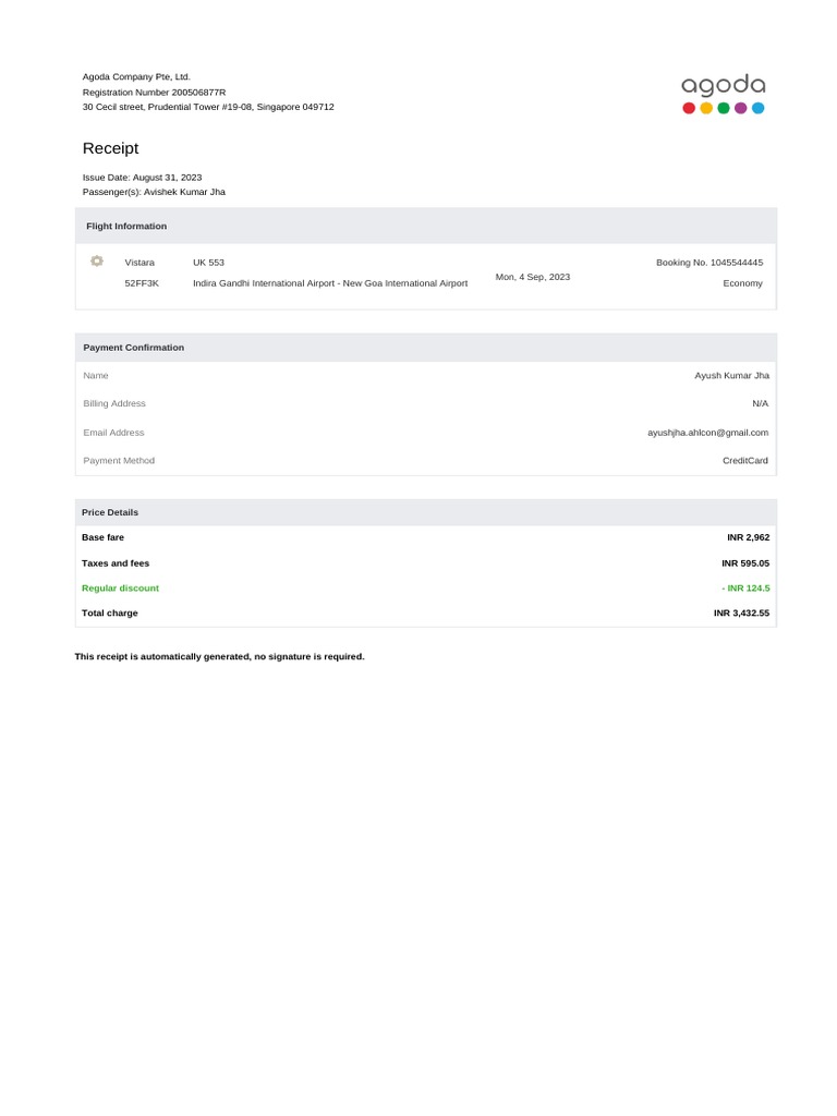 Agoda Booking ID 1045544445 Receipt | PDF