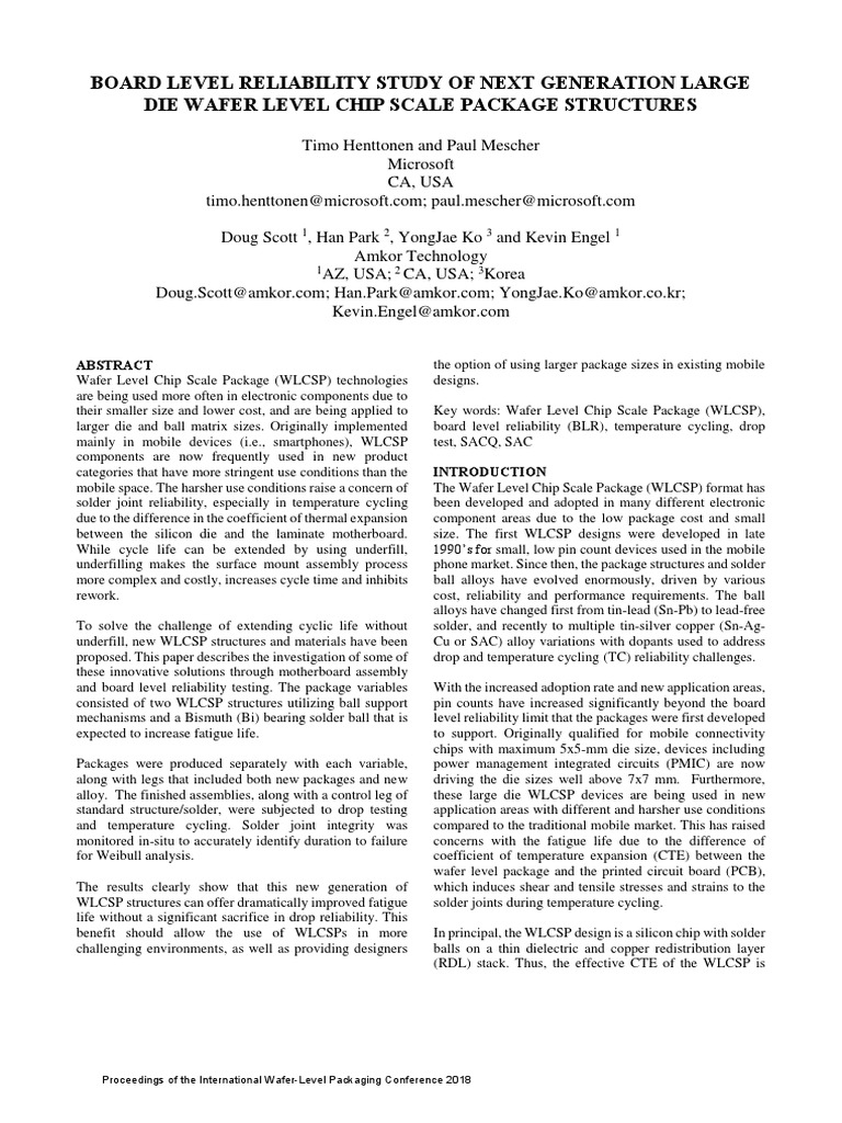 Board Level Reliability Study of Next Generation Large Die WLCSP ...