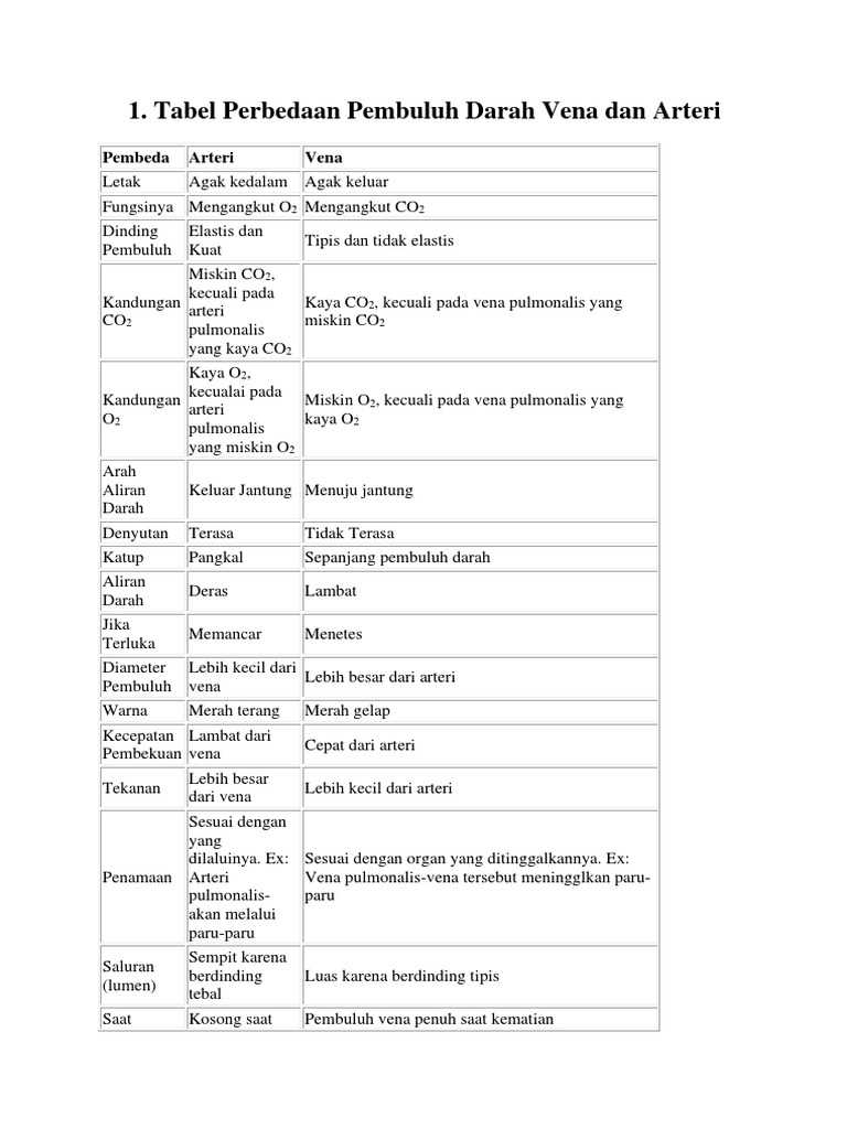 Tabel Perbedaan Pembuluh Darah Vena Dan Arteri | PDF