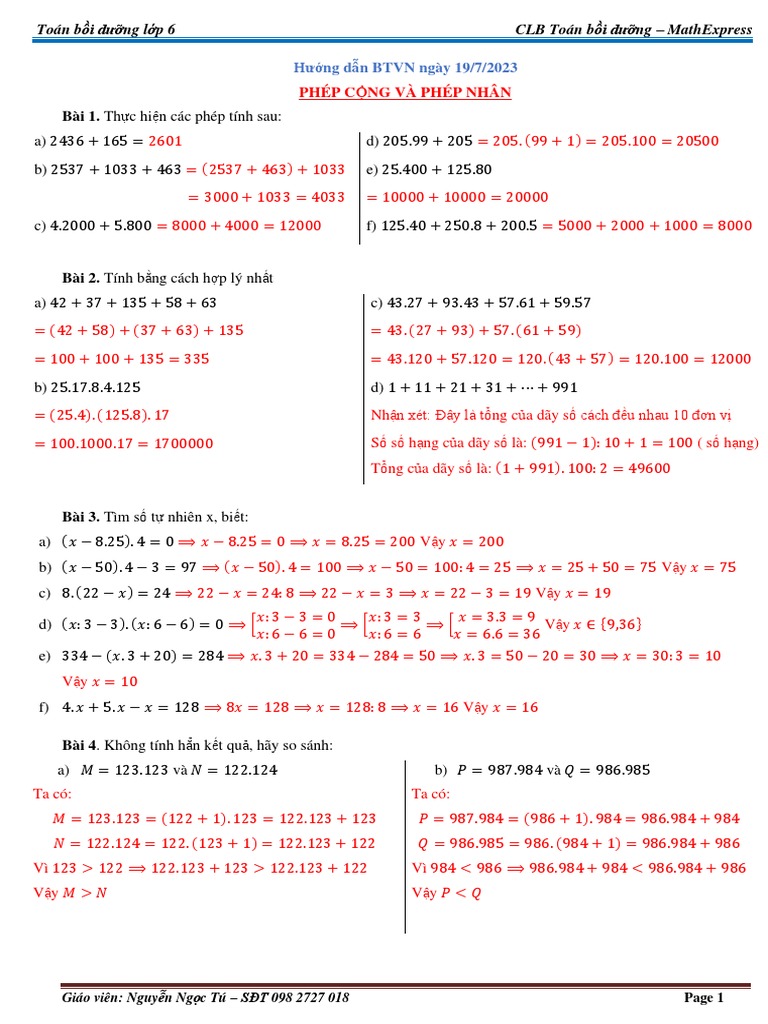 6A1 - HD BTVN 19.7.2023 - Phép Cộng, Phép Nhân | PDF