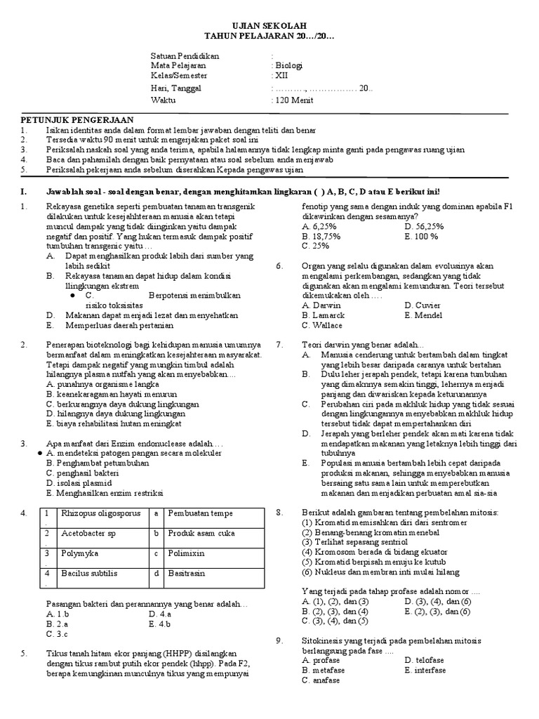 Soal US Biologi Kelas XII | PDF