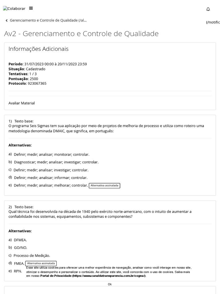 Colaborar - Av2 - Gerenciamento e Controle de Qualidade | PDF | Qualidade (negócios) | Seis Sigma
