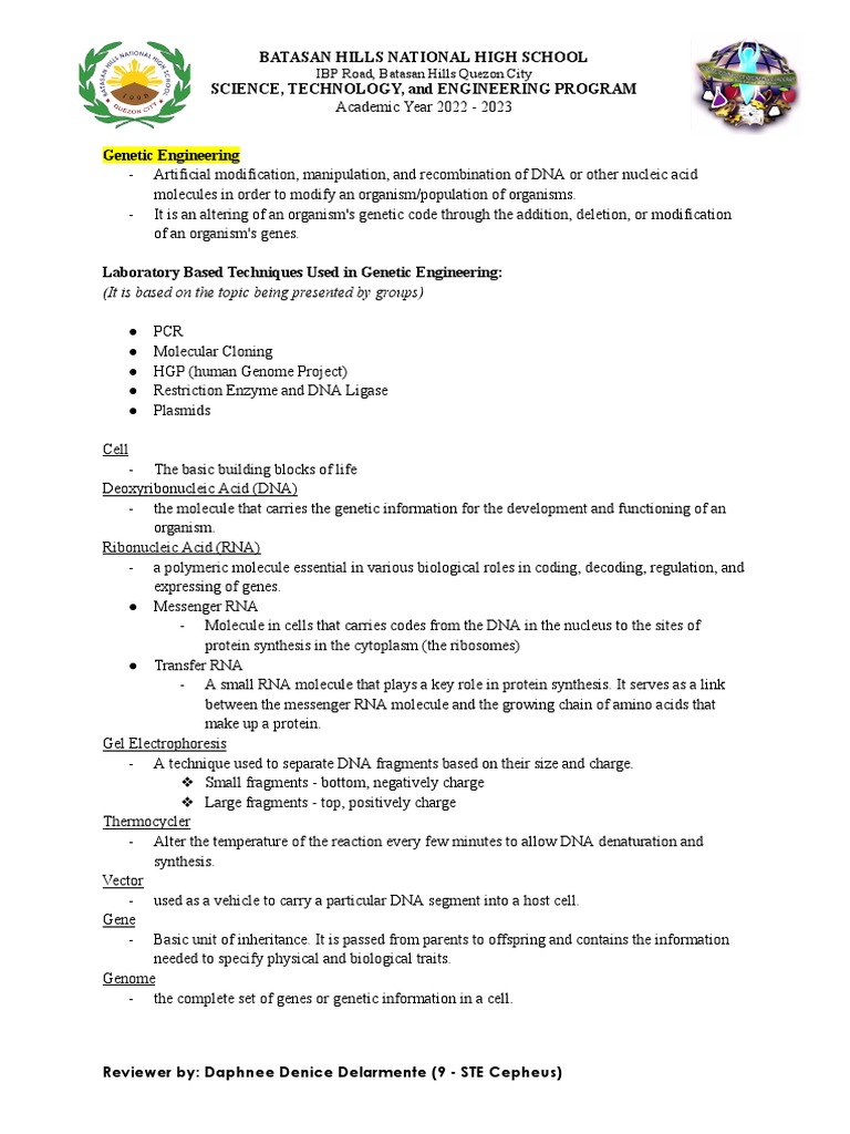 G9 STE Q3 Biotechnology Reviewer | PDF | Dna | Molecular Cloning