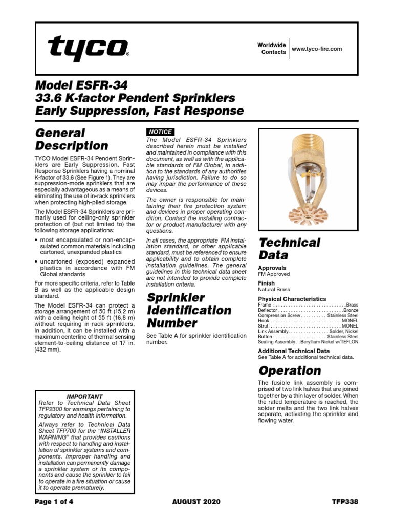 ESFR-34 Pendent Sprinkler Guide | PDF | Fire Sprinkler System | Building Engineering