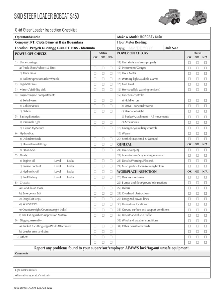Bobcat S450 Inspection Checklist | PDF | Loader (Equipment) | Vehicles