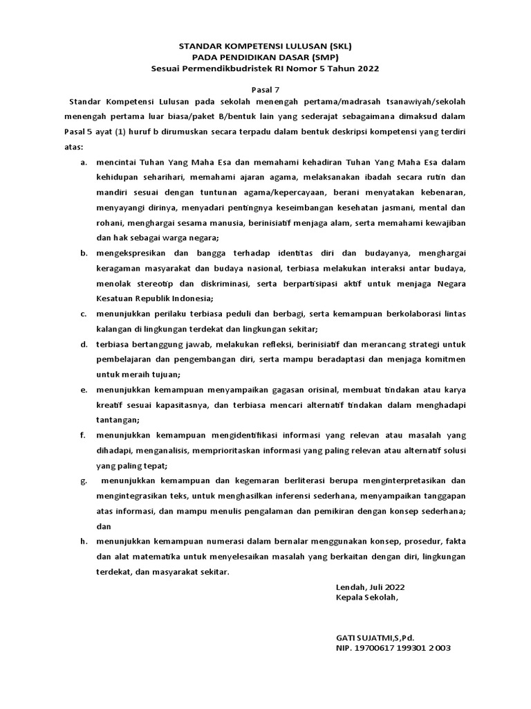 SKL Kurikulum Merdeka untuk SMP | PDF