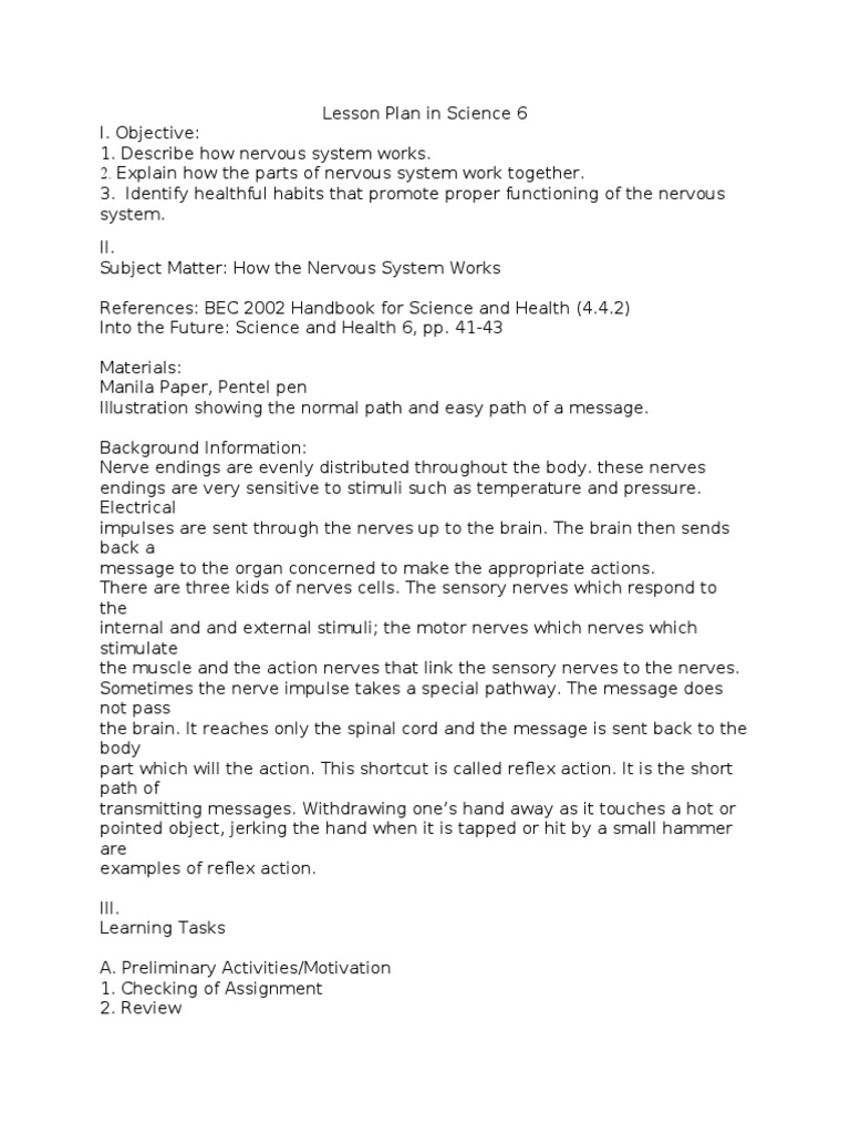 Lesson Plan in Science 6 | PDF | Nerve | Nervous System