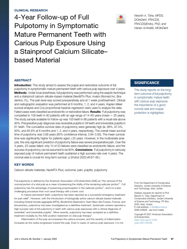 4-Year Follow-Up of Full Pulpotomy | PDF | Dentistry Branches | Dentistry