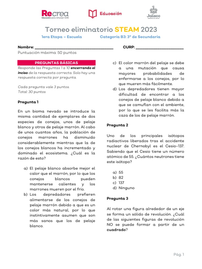 Examen Escuela Torneo STEAM 2023 - Categoría B3 | PDF