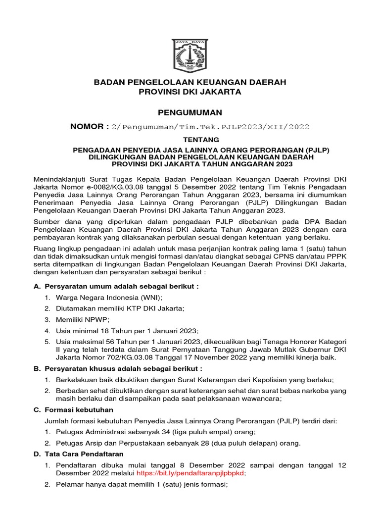 Pendaftaran PJLP DKI Jakarta 2023 | PDF