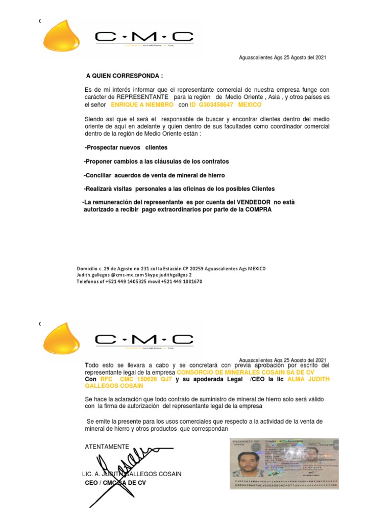Carta De Representación Comercial En Medio Oriente Pdf
