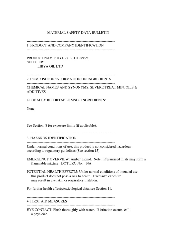Hydrol HTE Series MSDS Overview | PDF | Waste | Resource Conservation ...