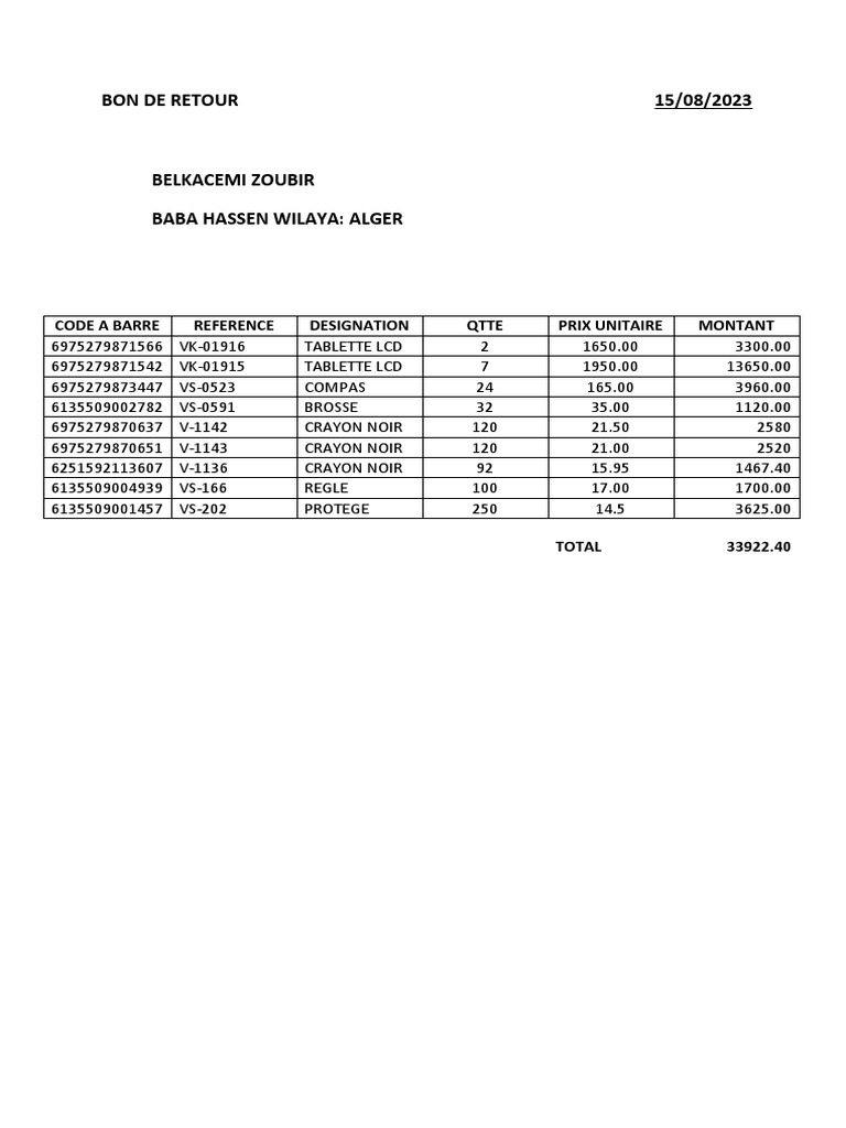 Bon de Retour 1.23 | PDF