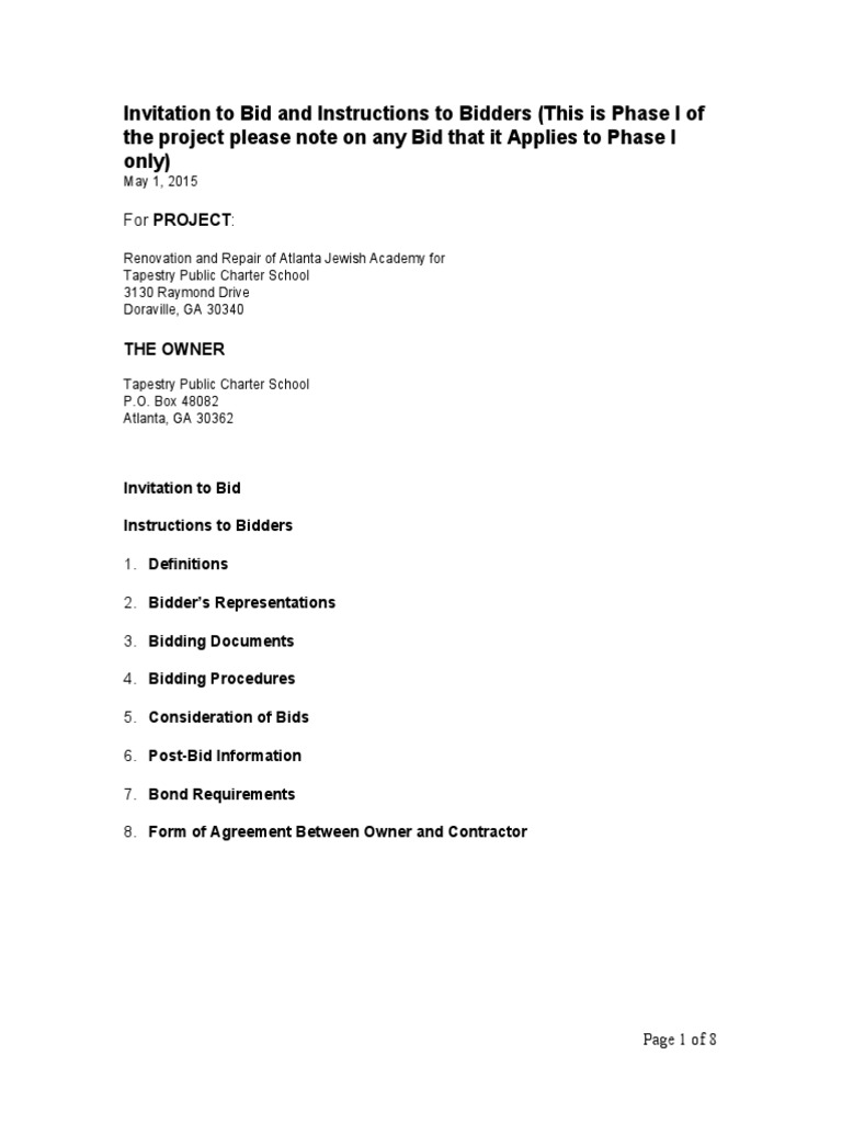 Invitation To Bid and Instructions To Bidders | PDF | Addendum | Bonds ...