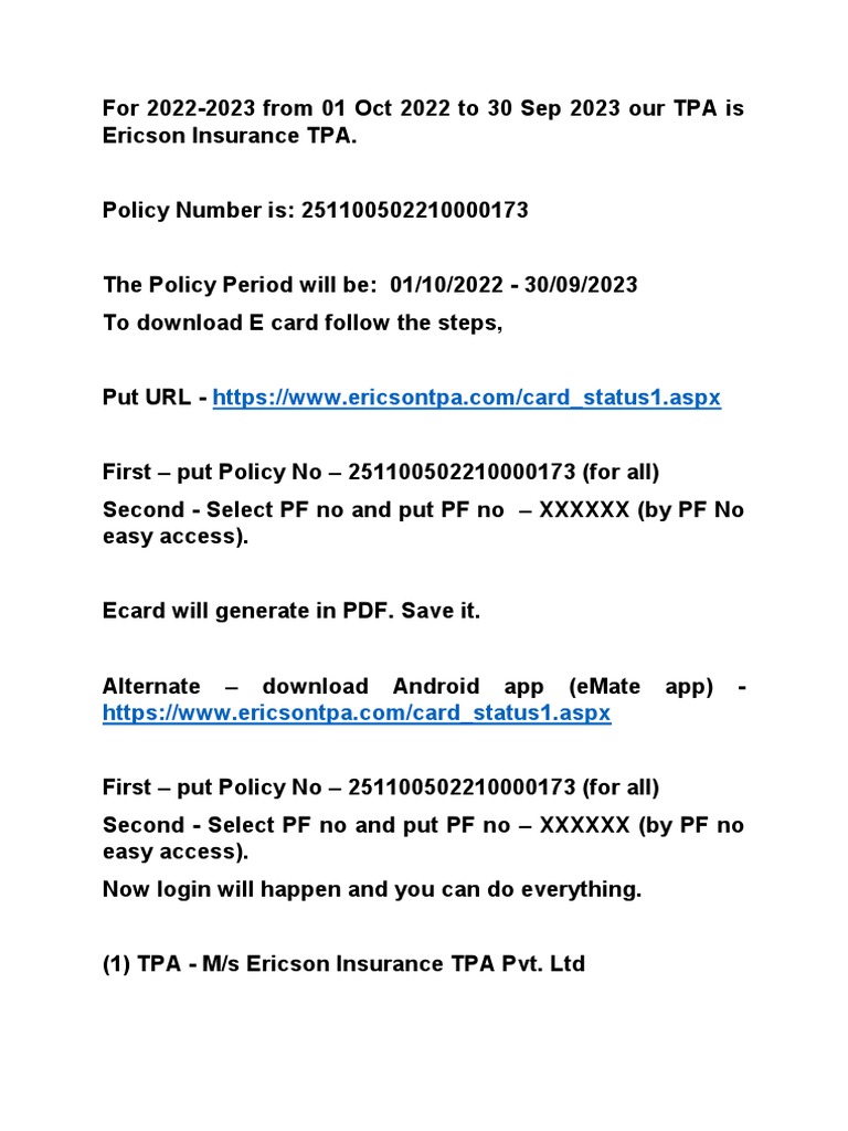 Ericson TPA Insurance Claim Guide | PDF | Hospital | Insurance