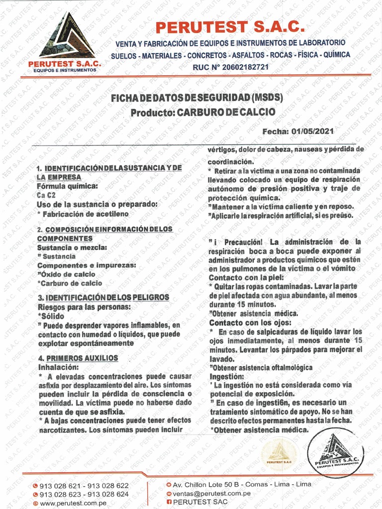 MSDS Carburo de Calcio | PDF