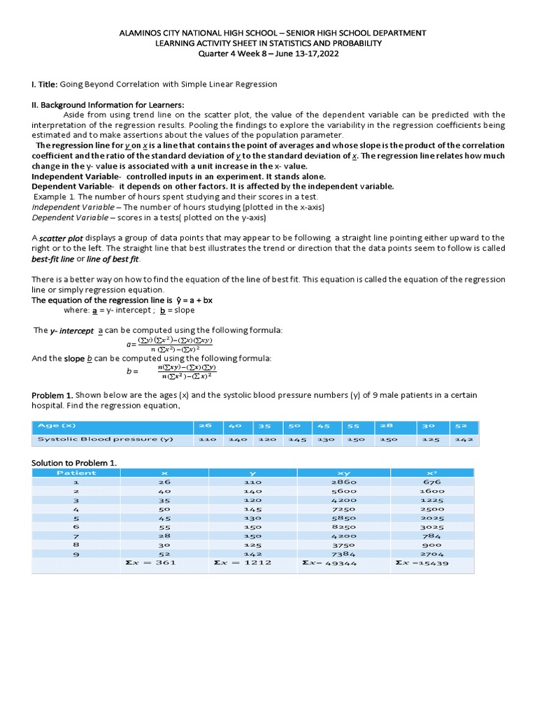 LearningActivitySheetQ4Wk8 1 | PDF | Linear Regression | Dependent And Independent Variables