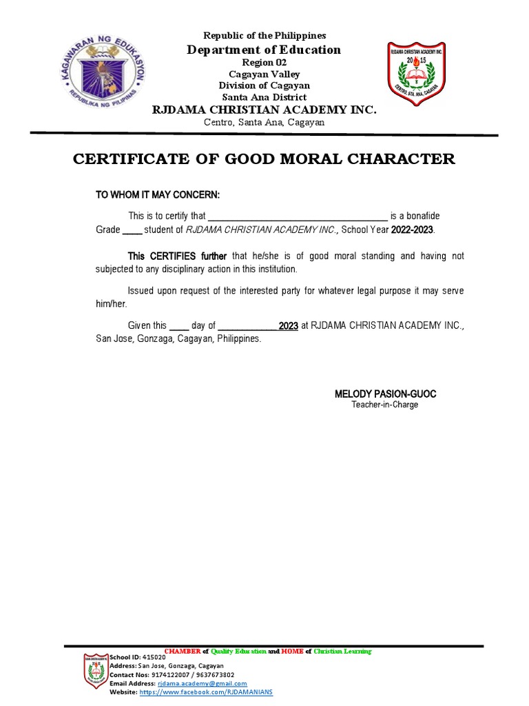 CERT OF GOOD MORAL CHARACTER NEW Annex | PDF | Career & Growth
