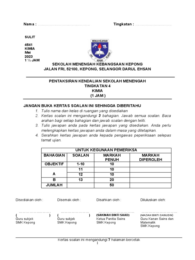 PKSM 1 Kimia F5 2023 (1.1 - 1.3) | PDF