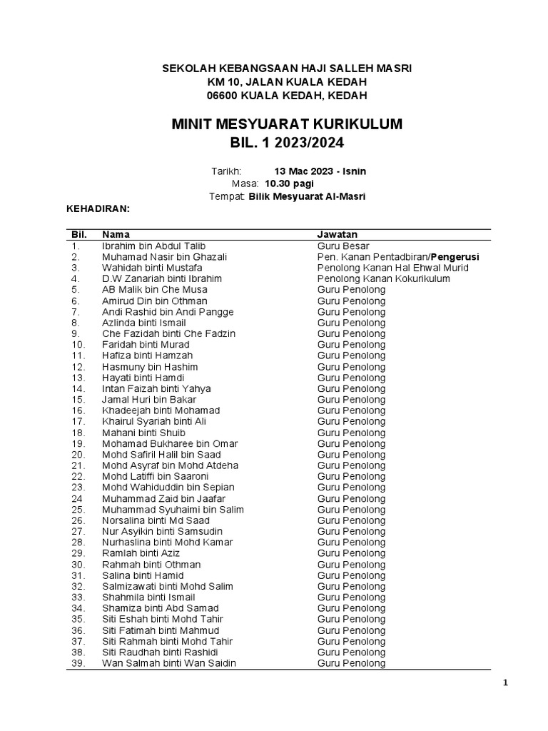 Minit Mesy Kurikulum Bil 1 2023 2024 | PDF