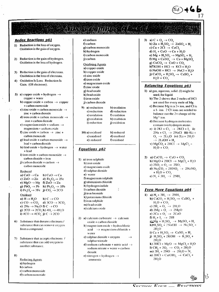 3a 3b ANSWERS Equations (2017) Pages 61-64 | PDF | Redox | Oxide