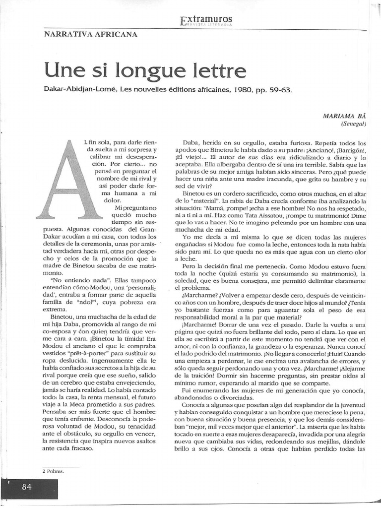 Mariama Ba Une Si Longue Lettre | PDF