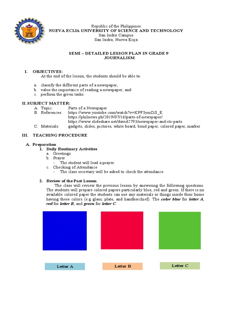 Semi-Detailed Lesson Plan (Parts of A Newspaper) Final Demo | PDF ...