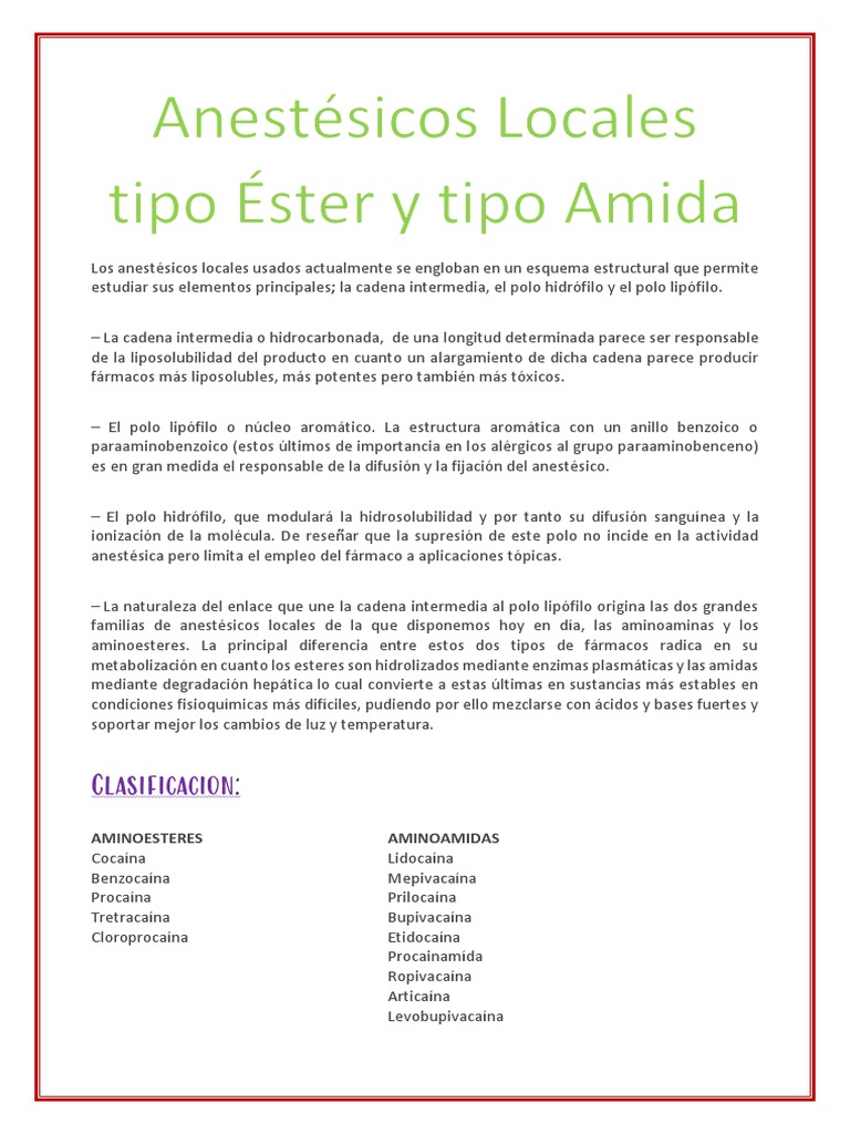 Anestésicos Locales Tipo Éster y Tipo Amida | PDF | Medicina CLINICA | Especialidades Medicas