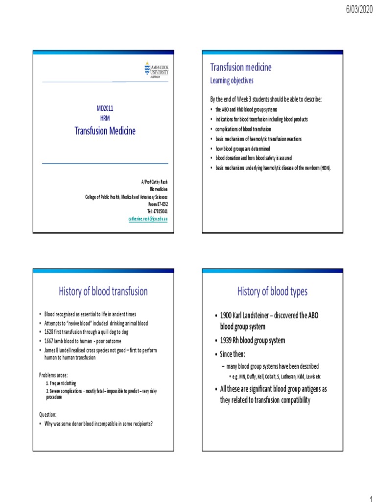 MD2011 HRM Week 3 Transfusion Medicine Print | PDF | Blood Type | Blood ...