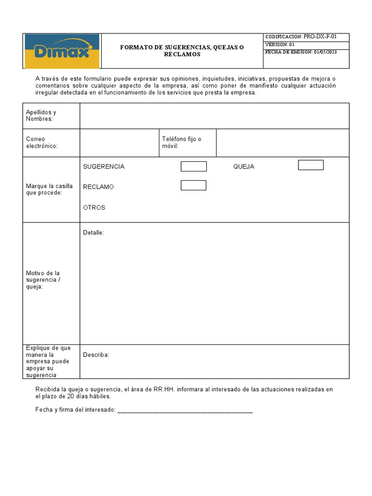 Formato de Sugerencias, Queja o Reclamo | PDF