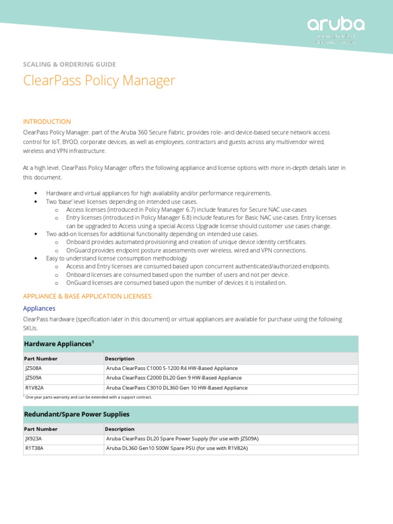 HPE - A00100074en - Us - ClearPass Policy Manager 6.9 Scaling and Ordering Guide | PDF | Hyper V ...