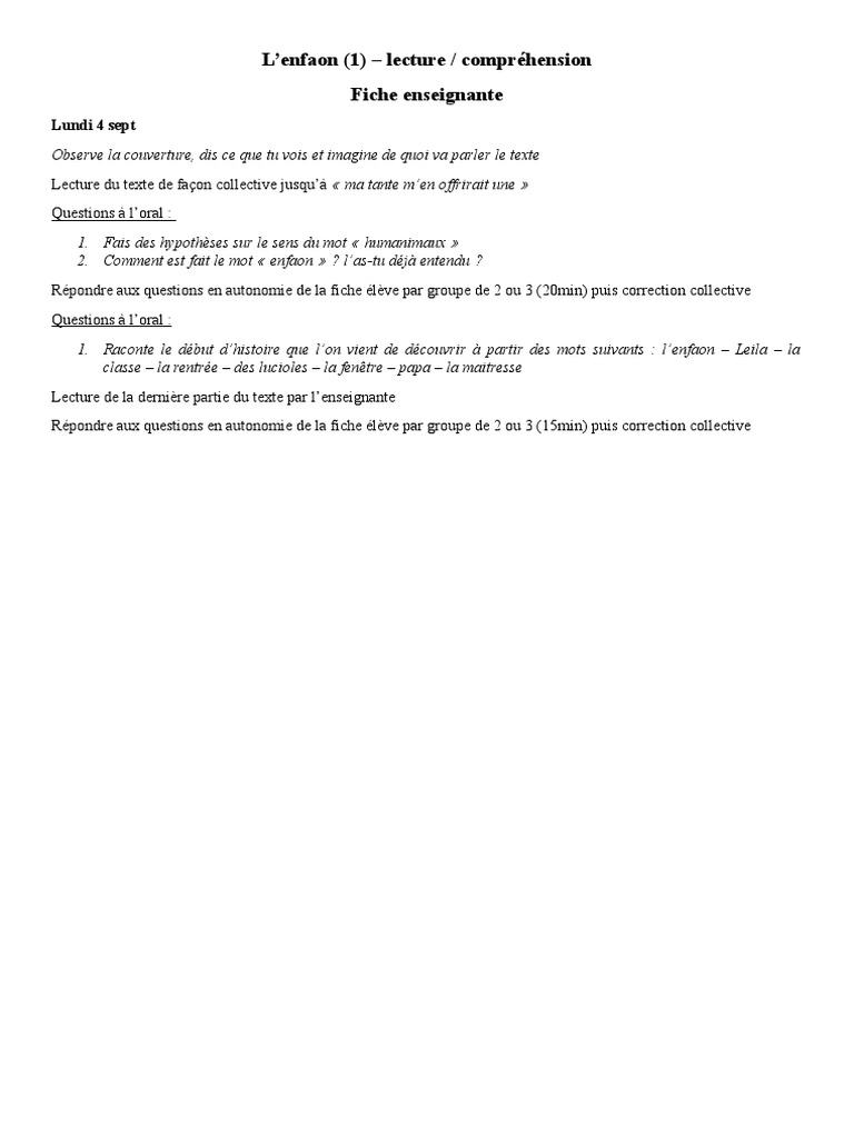 Lecture et Compréhension : L'enfaon | PDF