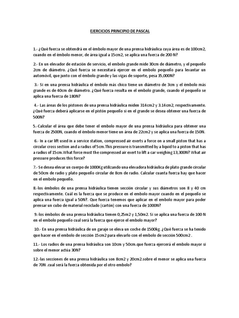 Ejercicios Principio de Pascal | PDF | Ingeniería mecánica | Mecánica de fluidos