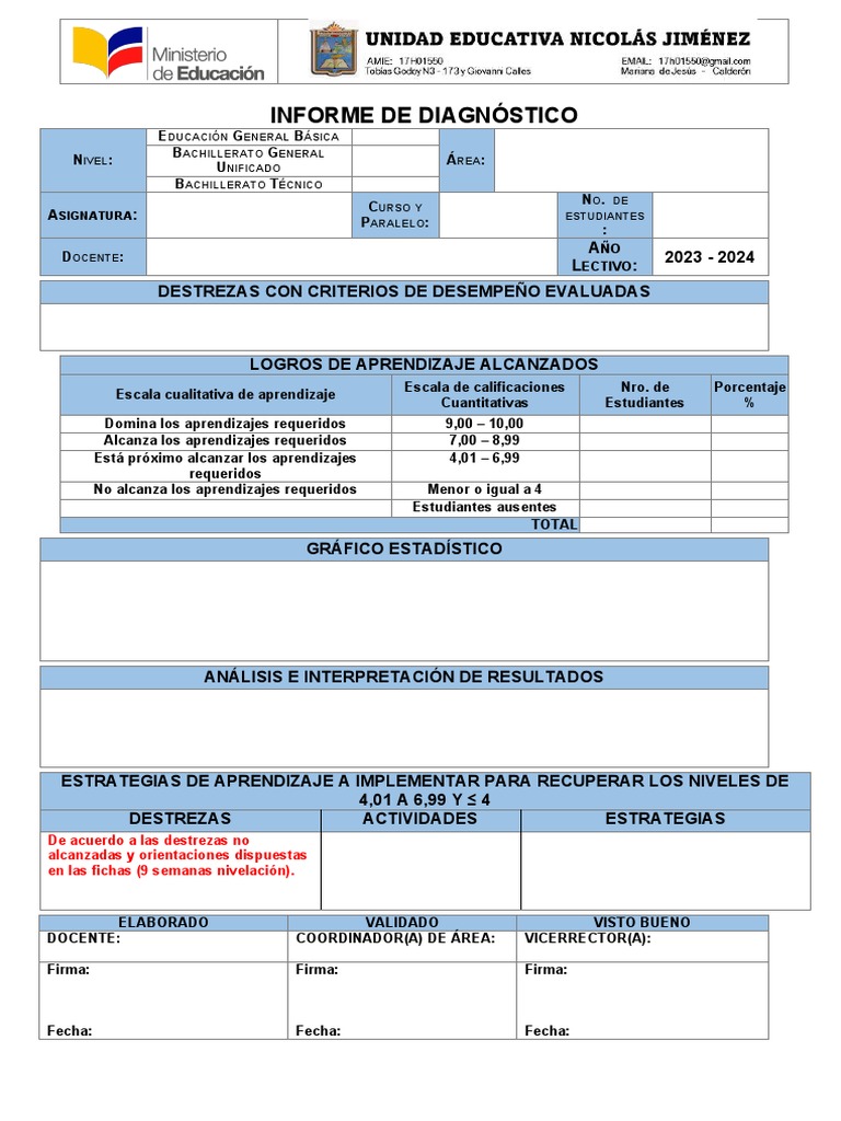Formato Informe Diagnostico | PDF | Aprendizaje | Modificación de comportamiento