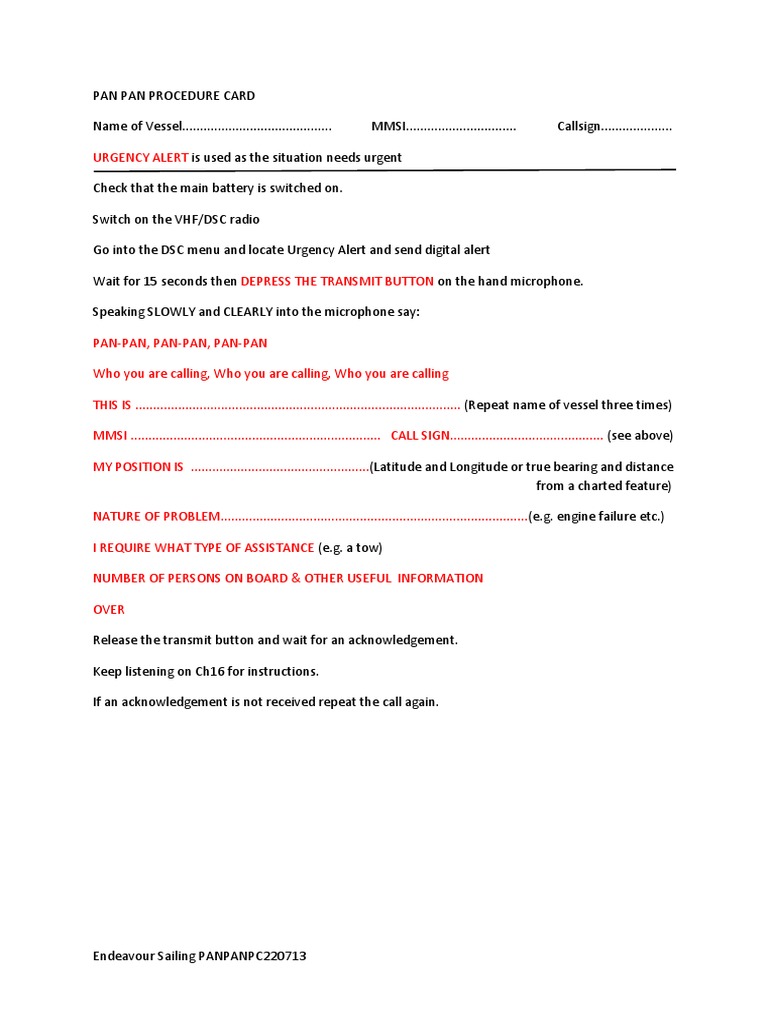 Pan Pan Procedure Card | PDF