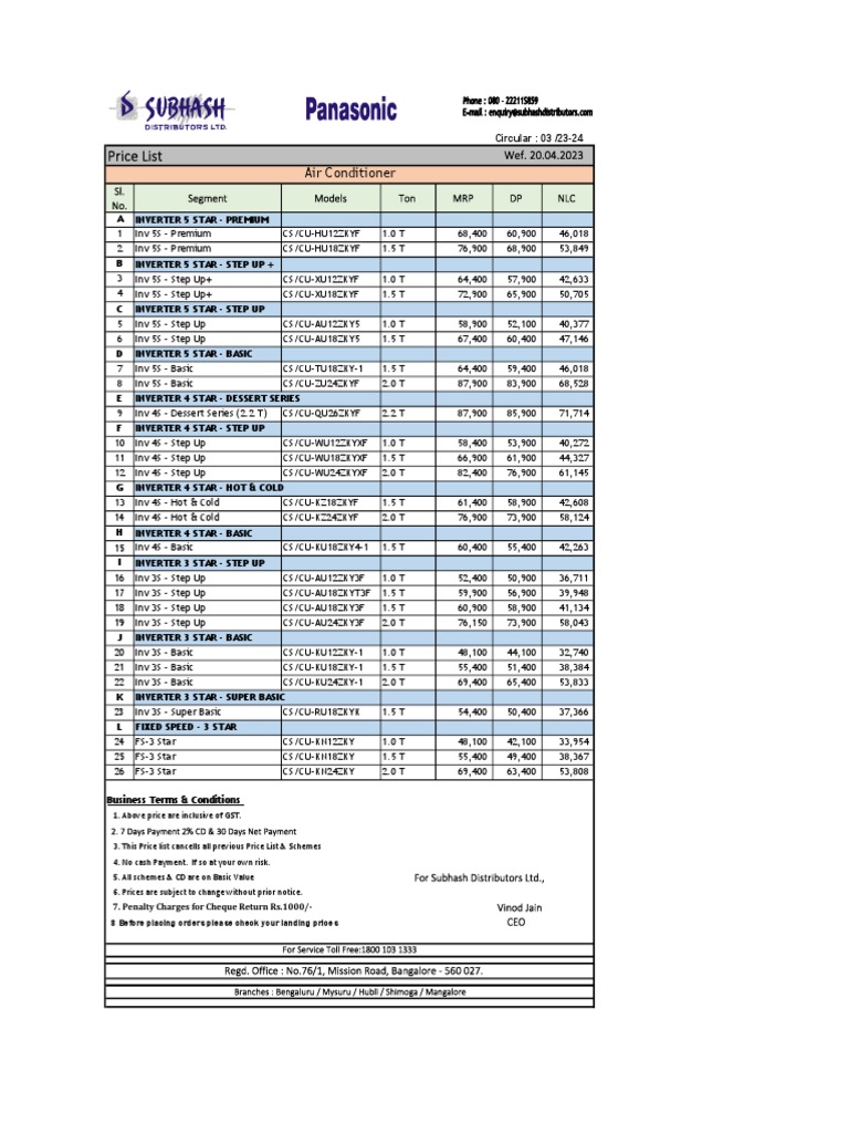 Panasonic AC Price List 2023 | PDF | Business | Economies