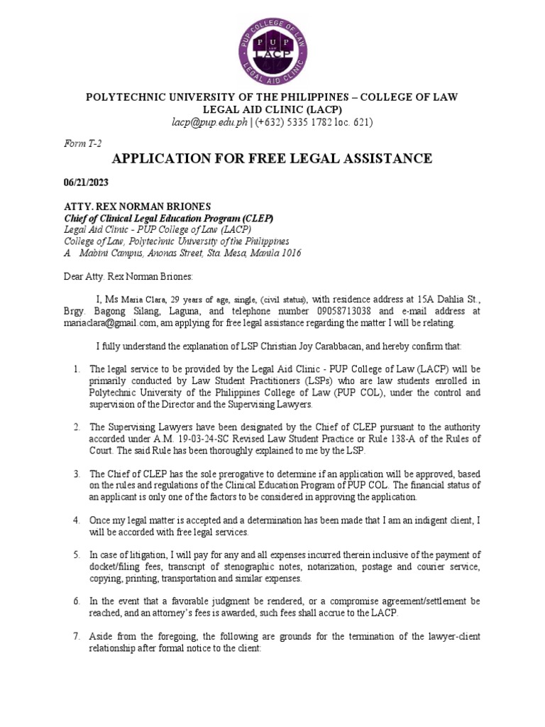 T2 - Application For Free Legal Assistance | PDF | Lawyer | Lawsuit