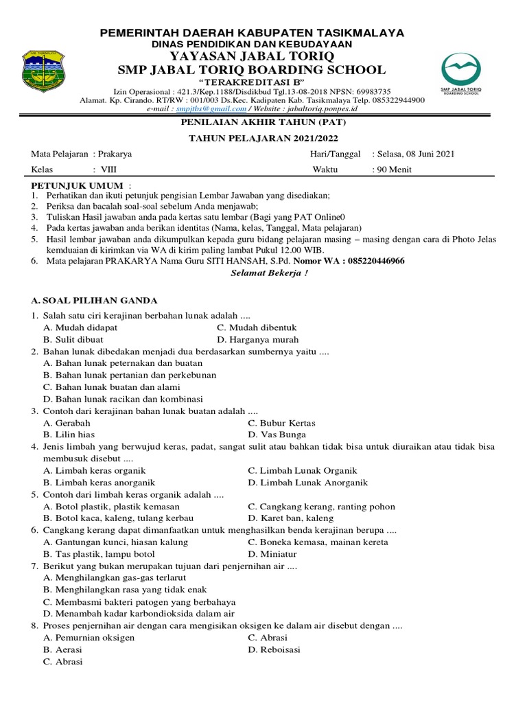 Soal Pat Prakarya Kelas 8 | PDF
