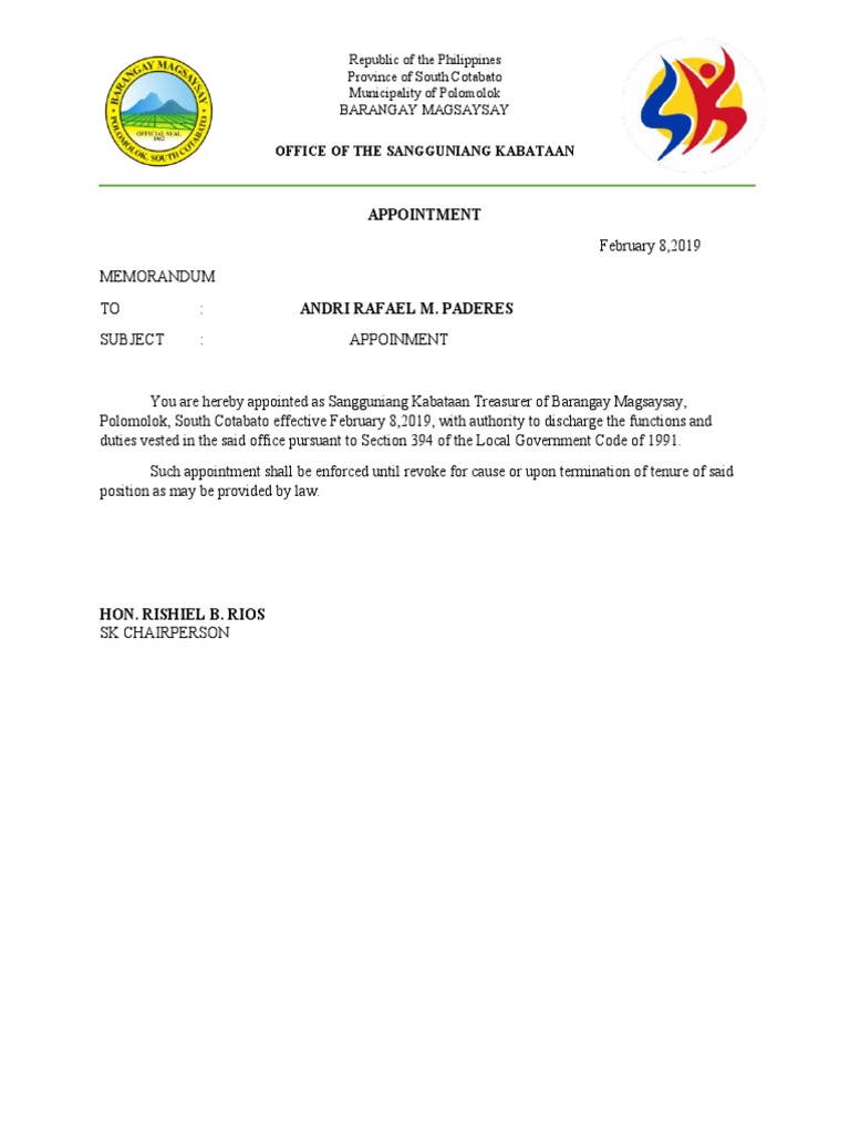 SK Appointments in Barangay Magsaysay | PDF | Philippines | Justice