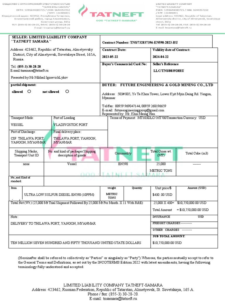 Tatneft-Samara Diesel Supply Contract | PDF | Arbitration | Letter Of ...