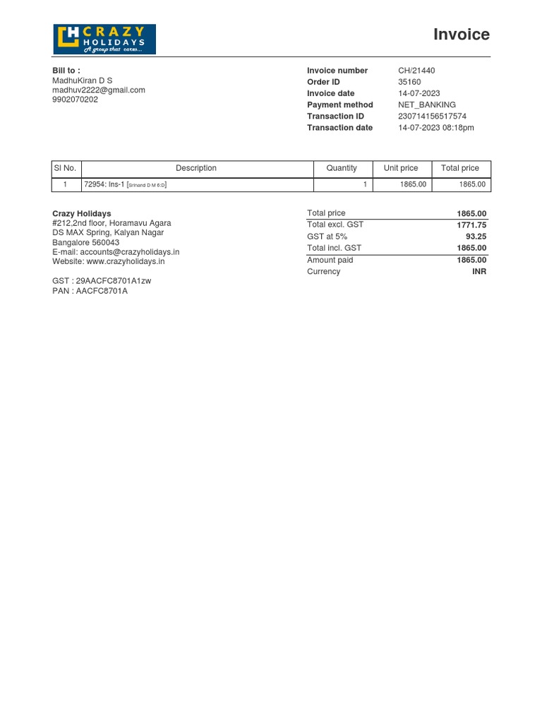 Invoice for Crazy Holidays Order | PDF
