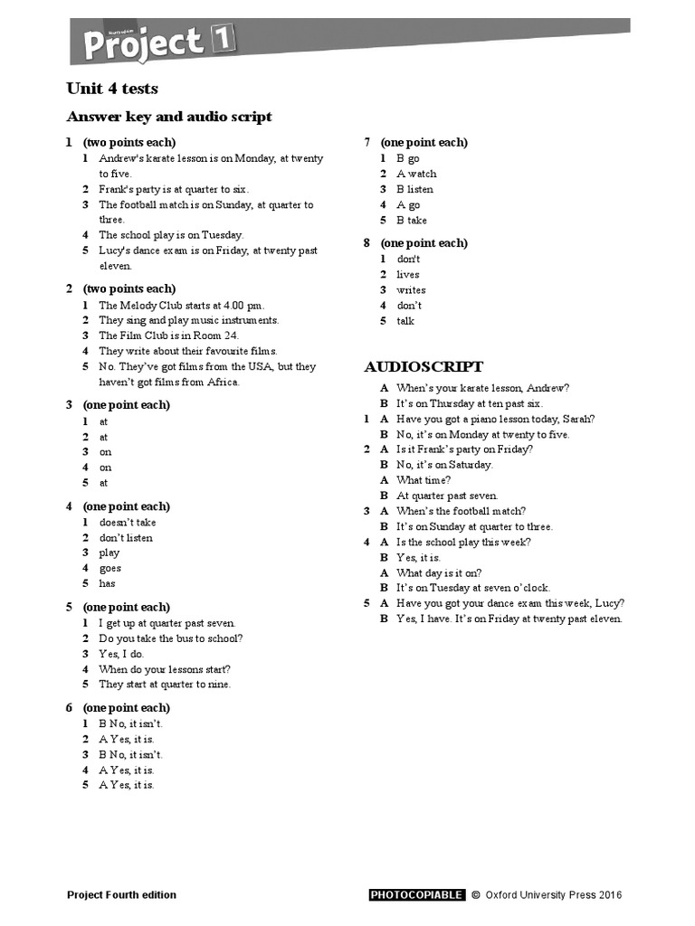 Unit 4 Answer Key and Audio Script | PDF