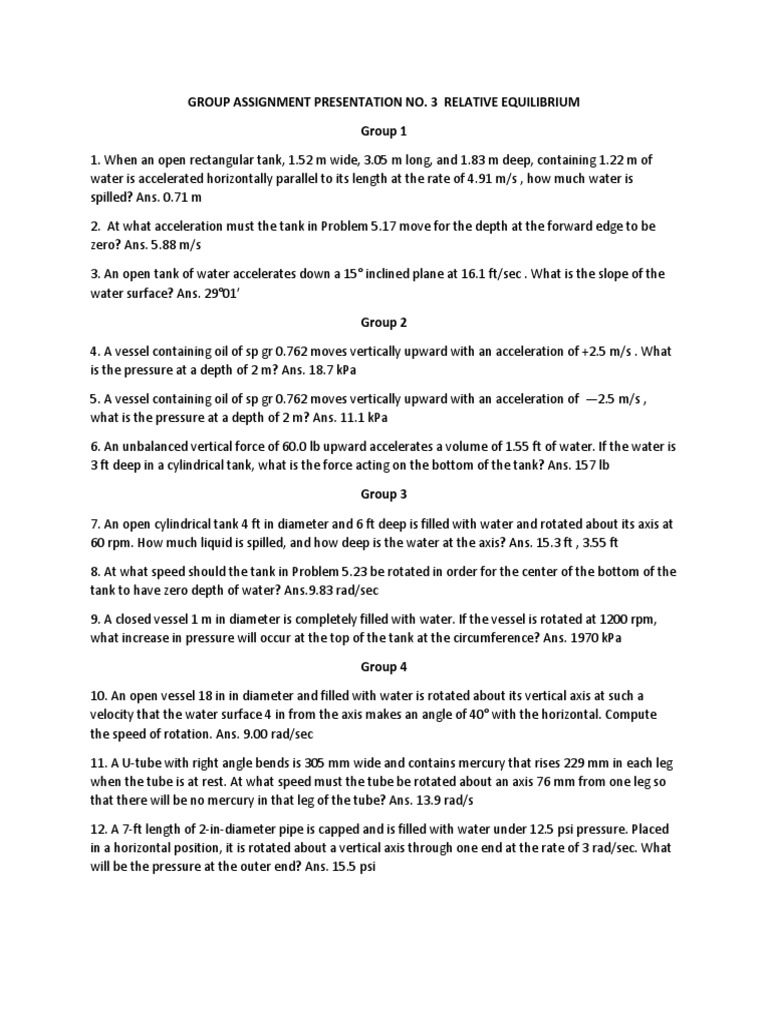 Group Assignment Presentation No. 3 Relative Equilibrium | PDF | Pressure | Rotation Around A ...