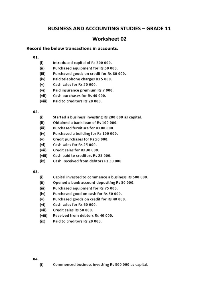 Business and Accounting Studies - Grade 11 Worksheet 02: Record The ...
