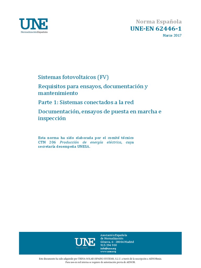 Norma UNE-EN 62446-1: Sistemas FV | PDF | Organización internacional ...