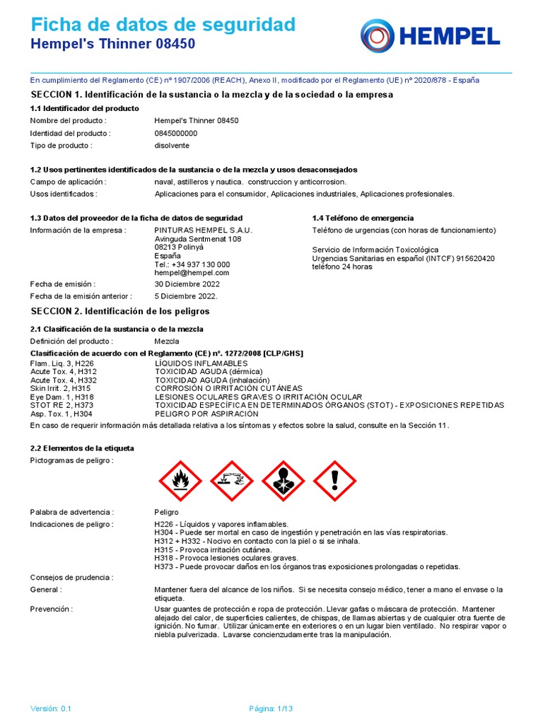 Ficha Seguridad: Hempel's Thinner | PDF | Química