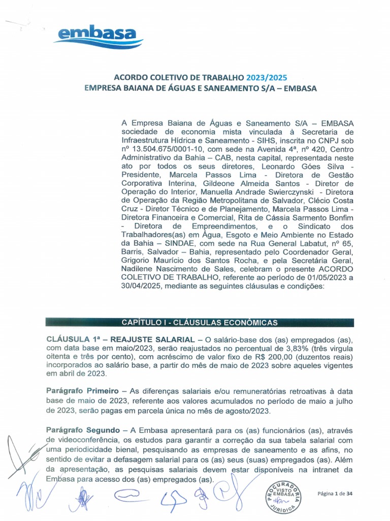 Acordo Coletivo Da Embasa - 2023 - 2025 | PDF
