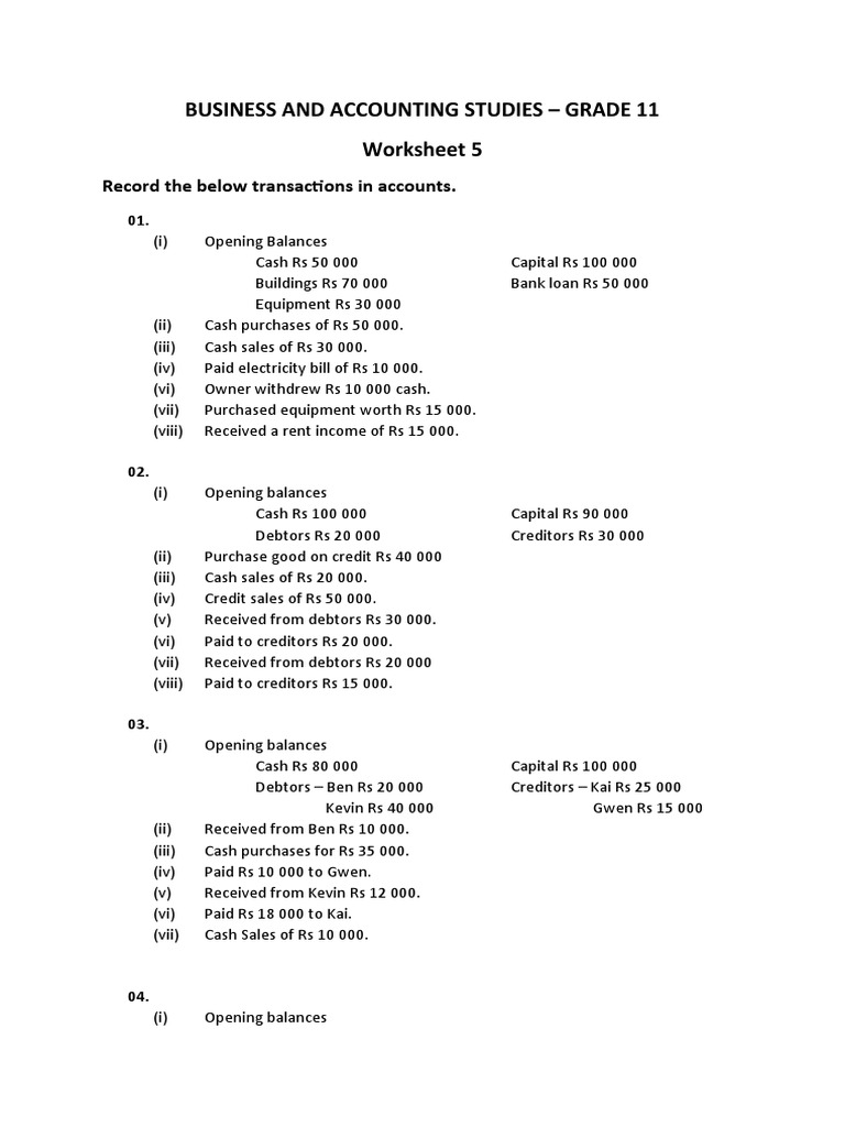 Business and Accounting Studies - Grade 11 Worksheet 5: Record The ...