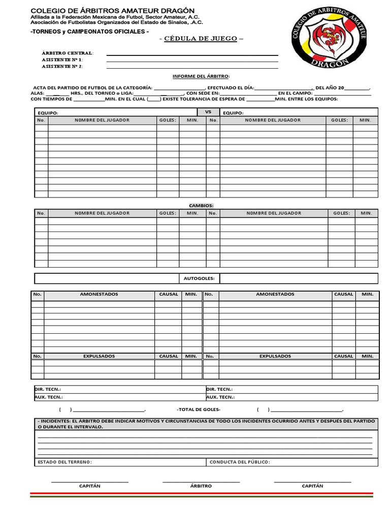Cedula Colegio Dragon 2.0 | PDF | Árbitro | Asociación de Futbol